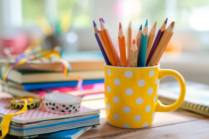 A Cup of Colored Pencils, on the Table with Colorful Polka Dots. Stock ...