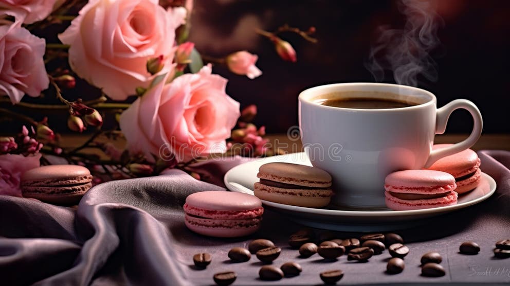 A Cup of Delicious, Aromatic Coffee and Macarons.Generative AI Stock ...