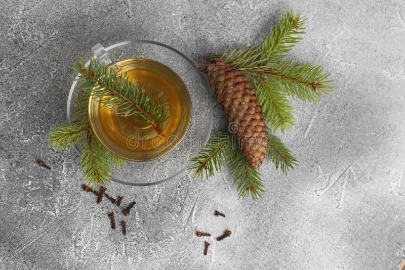 Cup with Delicious Immunity Boosting Tea and Fir on Grey Table, Flat ...