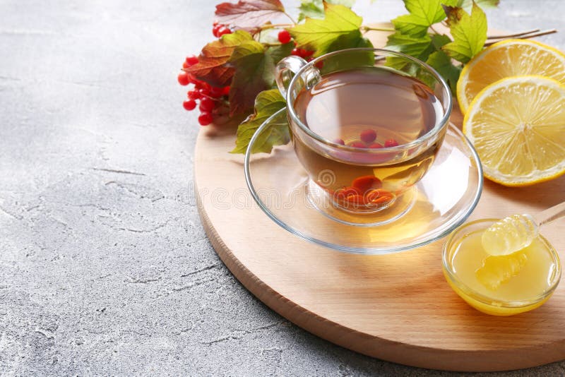 Cup of Delicious Tea with Lemon, Honey and Viburnum on Light Grey Table ...