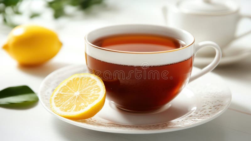 Cup of Earl Grey Tea with a Lemon Slice on a White Table Stock ...