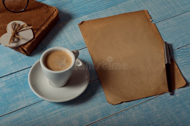 Cup of Espresso Coffee with a Note Stock Photo - Image of letter ...