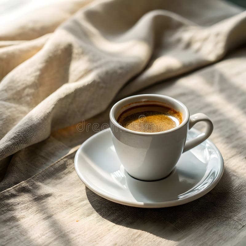 Cup of Espresso on Linen Background with Natural Light Stock ...