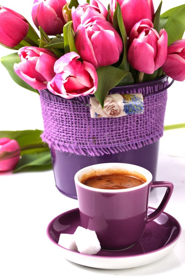 White Cup of Coffee with Bunch of Purple Tulips on White Background ...