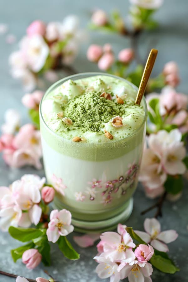 A Cup Filled with Matcha Green, a Spoon Resting Inside it Stock Photo ...