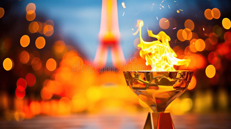 Cup with Fire, Lit Torch Against Backdrop of Eiffel Tower at Sunset ...
