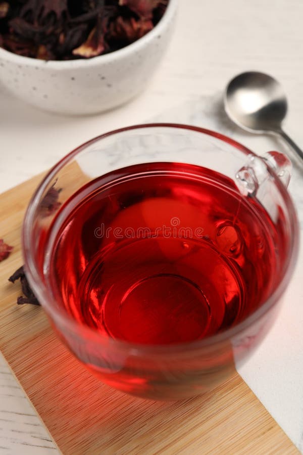 Cup of Fresh Hibiscus Tea on Wooden Table, Above View Stock Photo ...