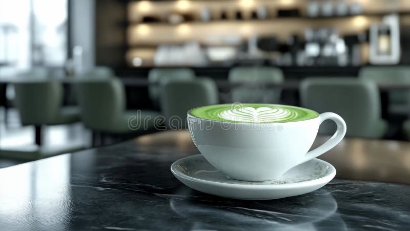 Cup with Green Matcha Latte on Table in Modern Cafe Stock Video - Video ...