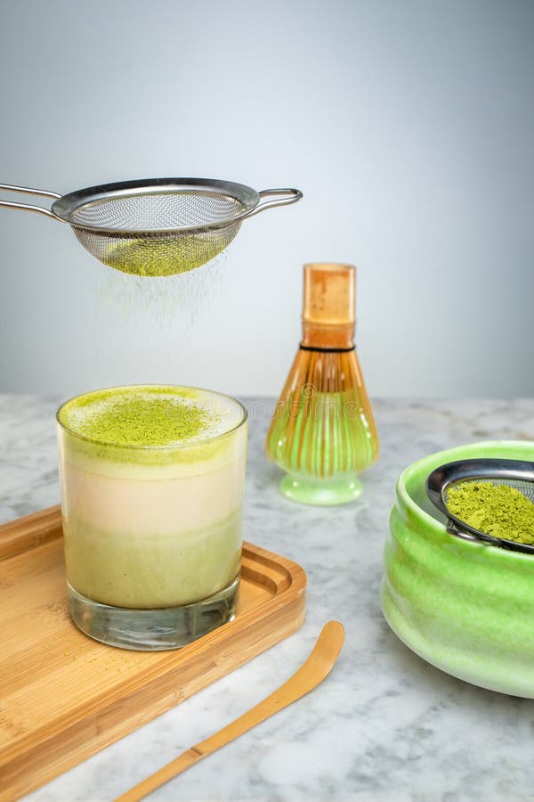 Cup of Green Matcha with Powder on a Wooden Board. Stock Image - Image ...