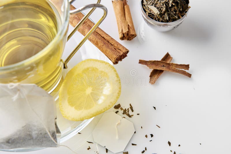 Cup of Green Tea with Cinnamon and Lemon Top View Stock Image - Image ...