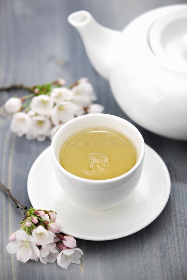 Cup of Green Tea and Japanese Cherry Blossom Stock Photo - Image of ...