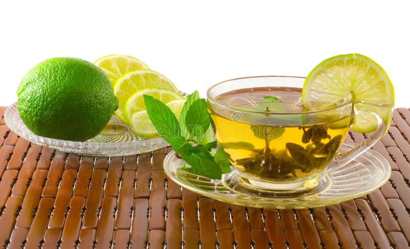 Cup of Green Tea with Lemon, Lime and Mint. Stock Image - Image of ...
