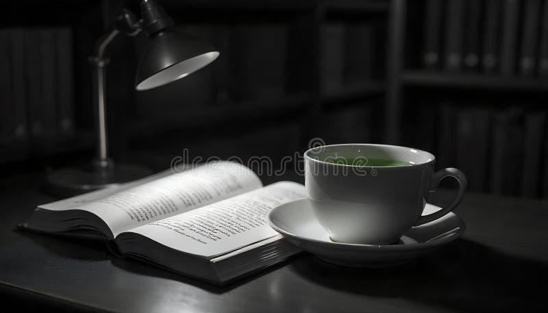 A Cup of Green Tea beside an Open Book in a Dark Study Stock ...
