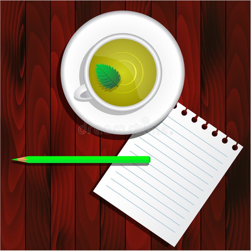Cup of Green Tea, Pencil, Paper, Eraser Stock Vector - Illustration of ...