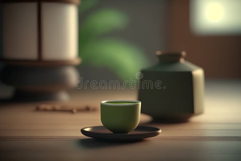 Cup of Green Tea on Wooden Table, 3d Render. Stock Illustration ...