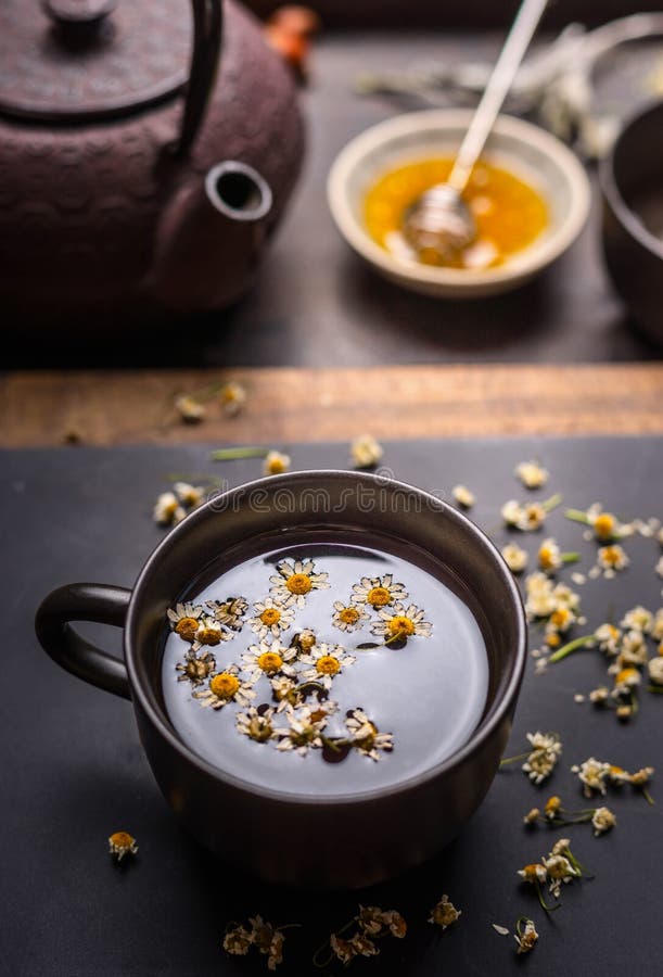 Healthy Chamomile Tea On Dark Background, Top View. Herbal Medicine And ...
