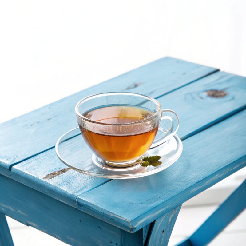 Cup of Herbal Tea on a Blue Table with a Glass Handle on White ...