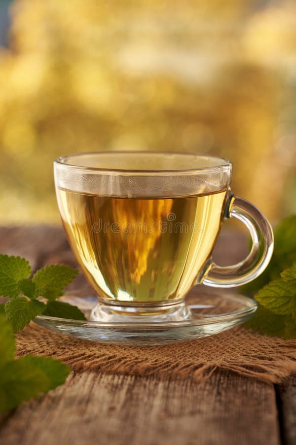 A Cup of Herbal Tea with Fresh Melissa or Lemon Balm Leaves on a Table ...