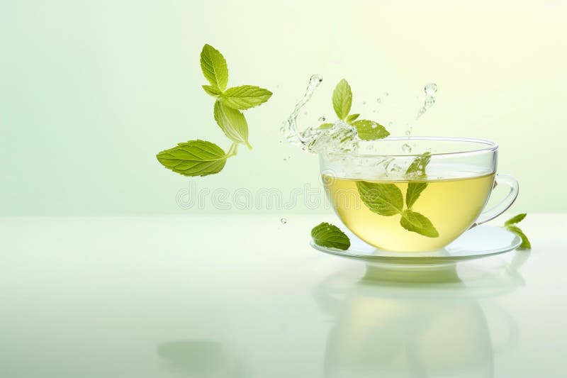 Cup of Herbal Tea with Liquid Splashes and Mint Leaves Flying in the ...