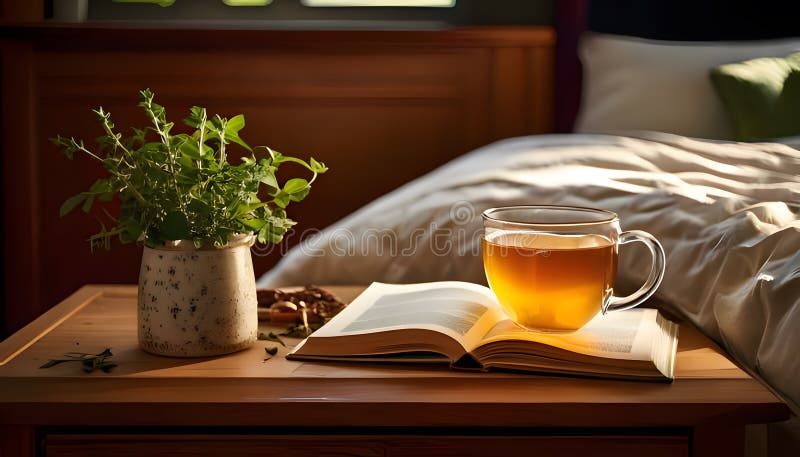 Cup of Herbal Tea Next To an Open Book on a Bedside Table, Symbolizing ...