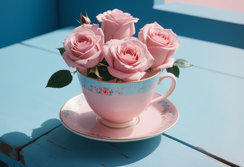 Cup with Hip Roses on Wooden Blue Table Close Up Stock Illustration ...