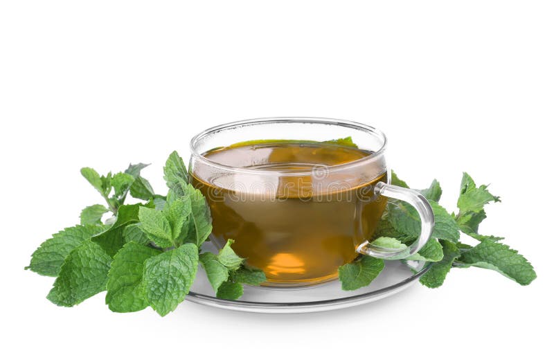Cup with Hot Aromatic Mint Tea and Fresh Leaves Isolated on White Stock ...