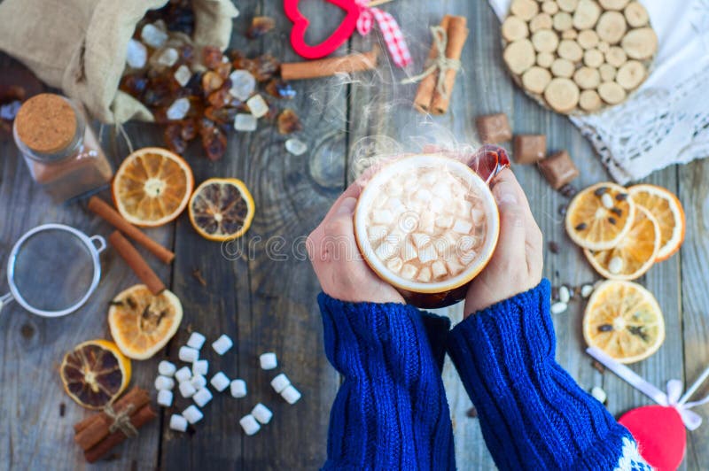 Cup of Hot Chocolate with Marshmallows in Human Hands Stock Photo ...