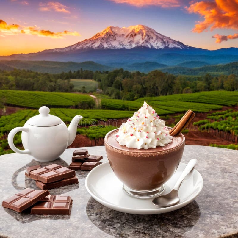 Hot Chocolate with Mountain View at Sunset Stock Illustration ...