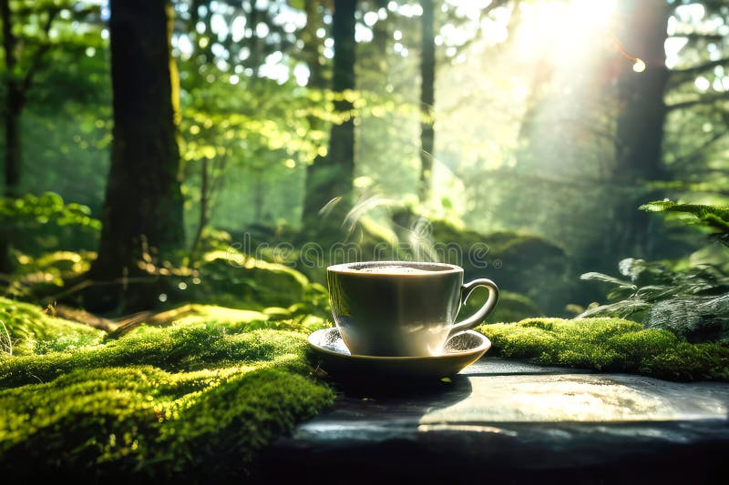 A Cup of Hot Coffee Drink on the Tree Stump in Summer Forest Stock ...