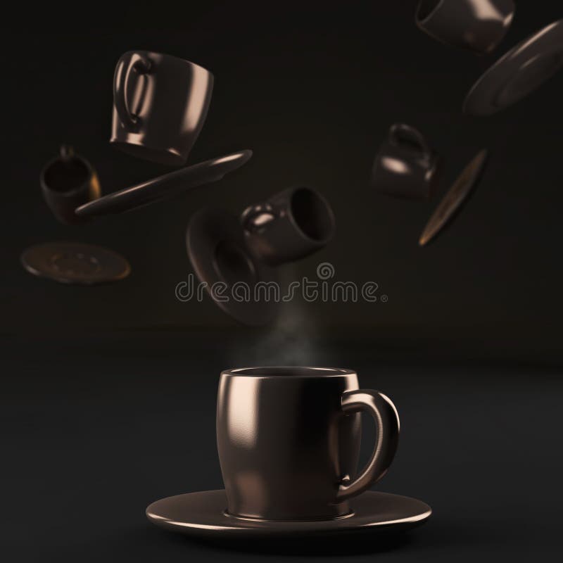Cup of Hot Coffee with Flying Cups in Background, 3d Illustration Stock ...
