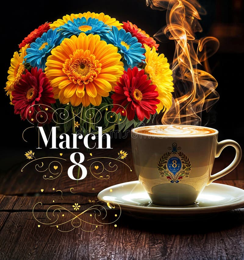 A Cup of Hot Coffee Stands on the Table Next To a Bouquet of Spring ...