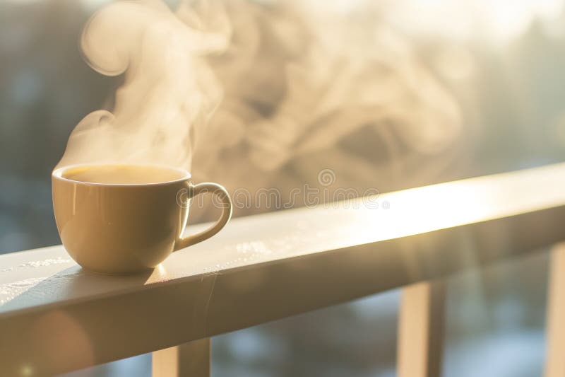 Cup of Hot Coffee with Steam on a Balcony Railing Stock Image - Image ...