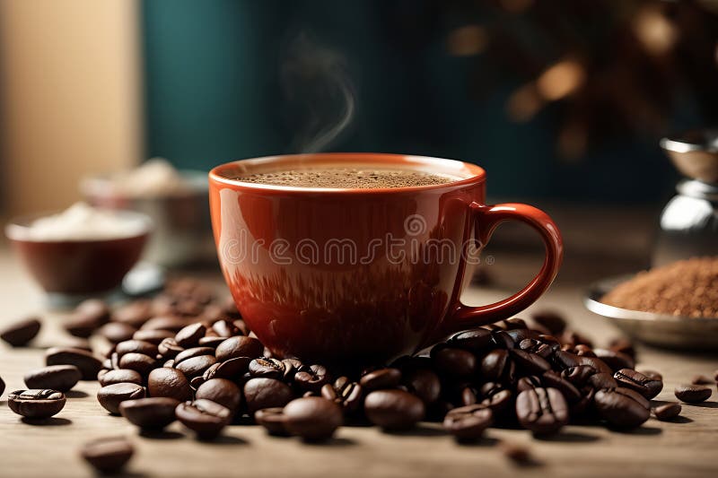 Cup of Hot Coffee with Steam. Coffee Beans Around. Awakening Concept ...