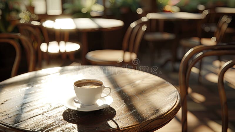 A Cup of Hot Coffee on the Table in a Stylish Cafe with Sun Rays and ...