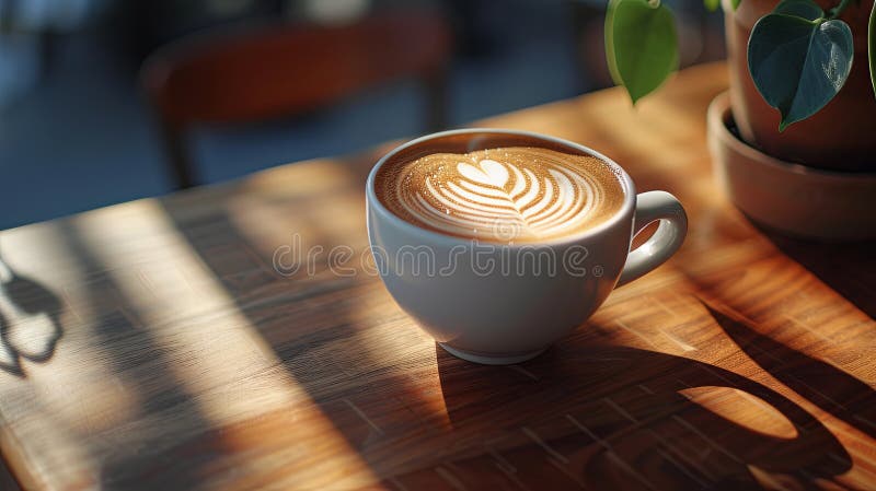A Cup of Hot Coffee on the Table in a Stylish Cafe with Sun Rays and ...