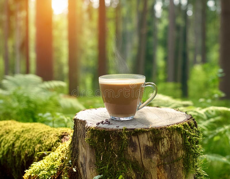 A Cup of Hot Coffee on the Tree Stump in the Forest Stock Illustration ...