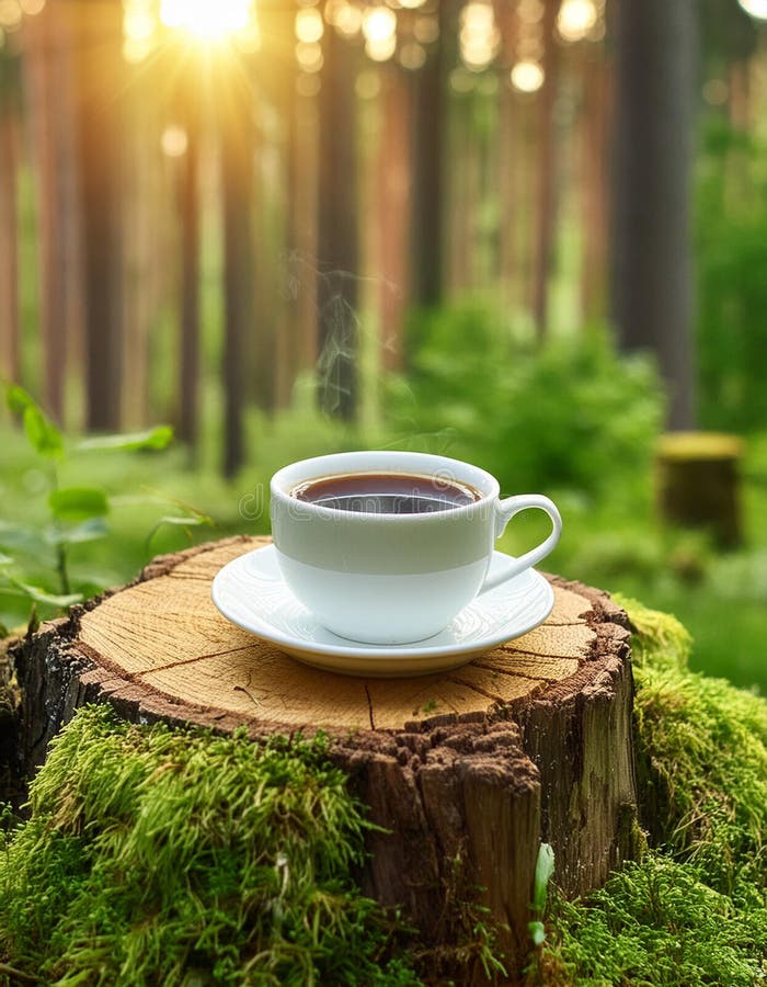 A Cup of Hot Coffee on the Tree Stump in the Forest Stock Illustration ...