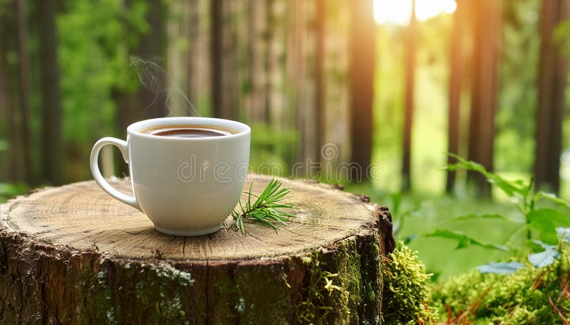 A Cup of Hot Coffee on the Tree Stump in the Forest Stock Illustration ...