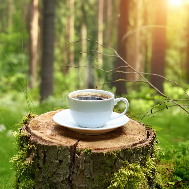 A Cup of Hot Coffee on the Tree Stump in the Forest Stock Illustration ...
