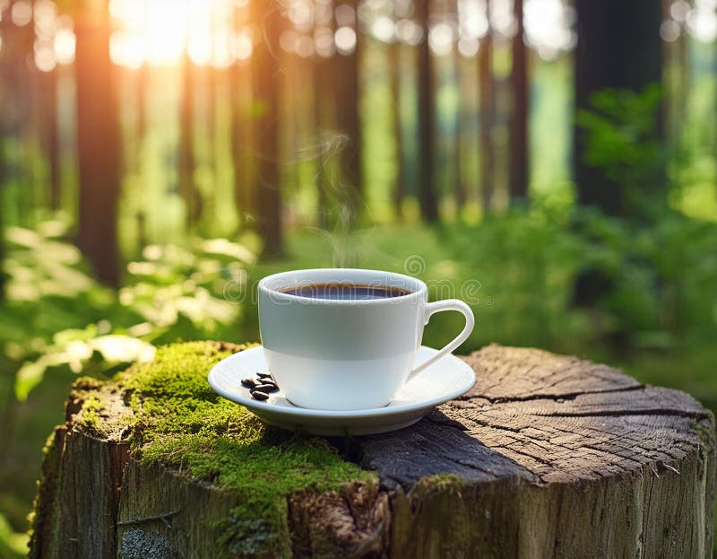 A Cup of Hot Coffee on the Tree Stump in the Forest Stock Illustration ...