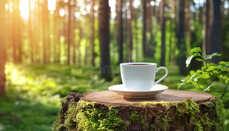 A Cup of Hot Coffee on the Tree Stump in the Forest Stock Illustration ...