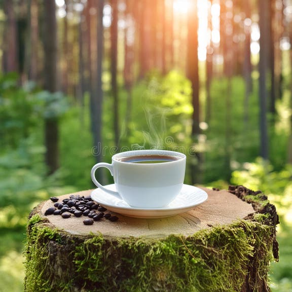 A Cup of Hot Coffee on the Tree Stump in the Forest Stock Illustration ...