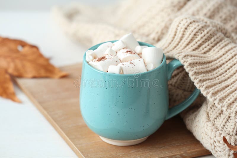 Cup of Hot Cozy Drink with Marshmallows and Autumn Sweater Stock Photo ...