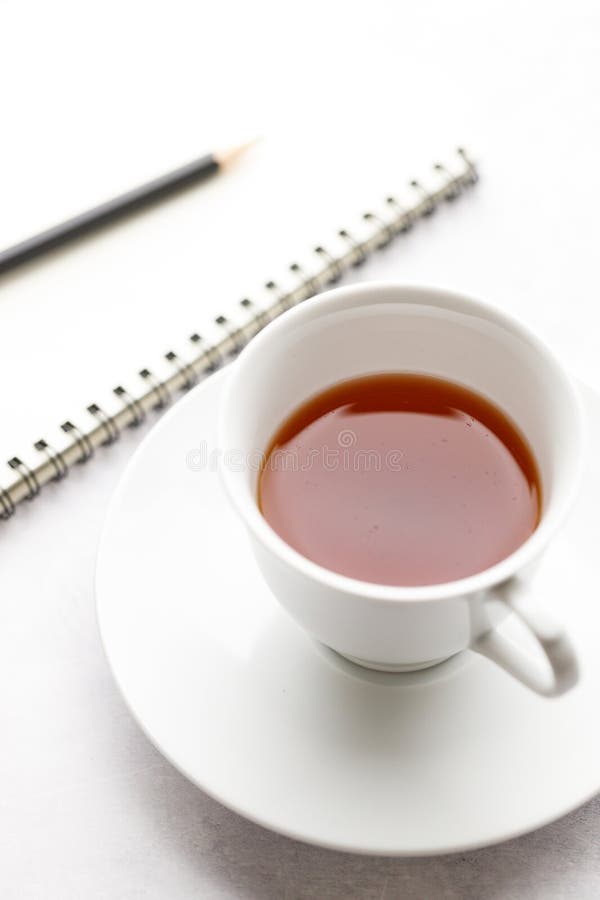 Cup Hot Notebook Pencil White Table Background Study Time Concept Stock ...