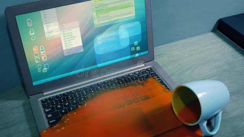 Cup of Hot Soup is Knocked Over on Laptop Stock Video - Video of worker ...