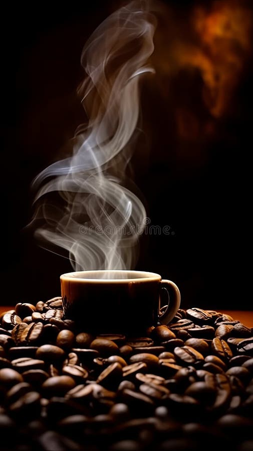 A Cup of Hot Steaming Coffee on Coffee Beans. High Resolution. Stock ...
