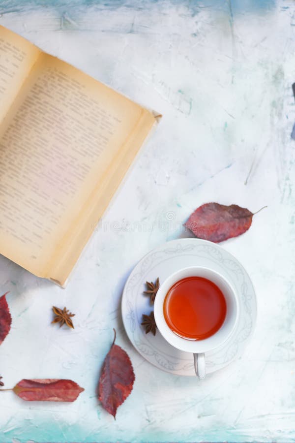 A Cup of Hot Tea with Fall Leaves and Copy Space Stock Photo - Image of ...
