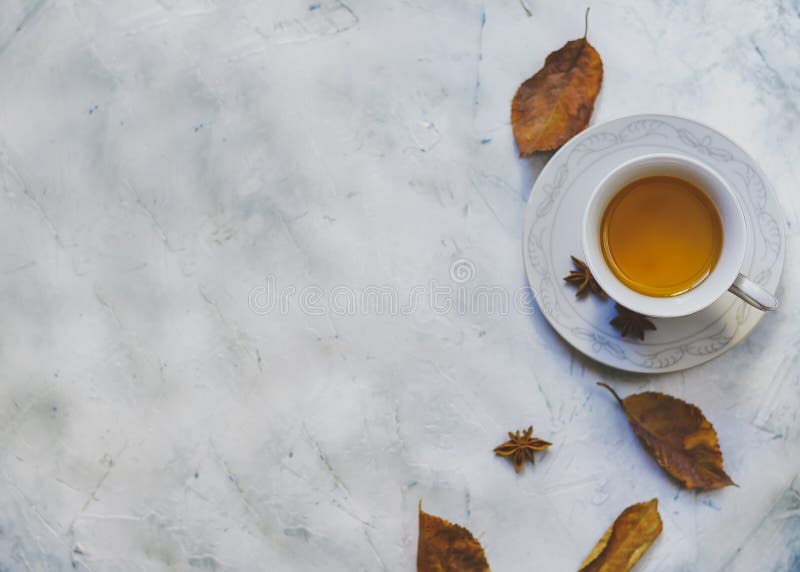 A Cup of Hot Tea with Fall Leaves and Copy Space Stock Photo - Image of ...