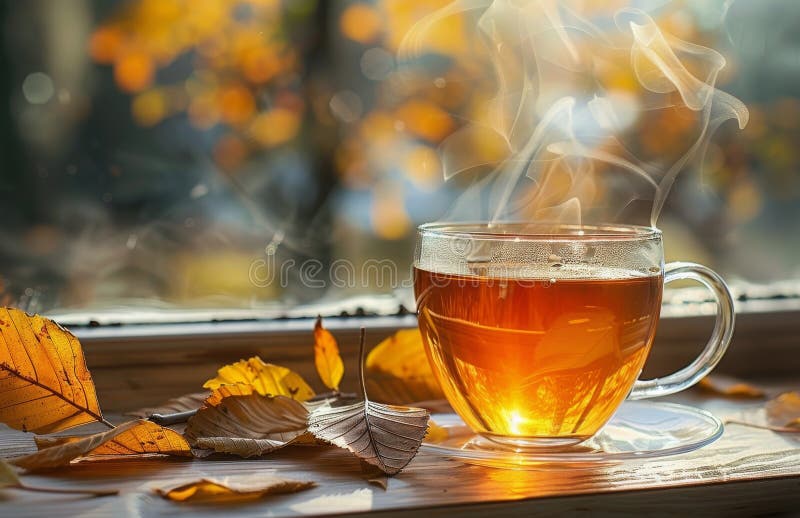A Cup of Hot Tea on a Fall Windowsill Stock Image - Image of brown ...