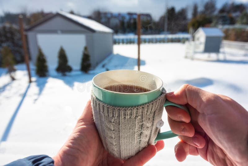 A Cup of Hot Tea Hold in Hand Outdoor at Winter Stock Image - Image of ...